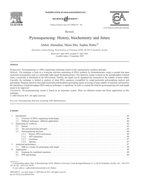 Pyrosequencing History Biochemistry And Future Pdf