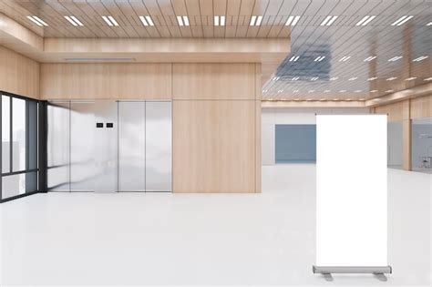 바닥에 빛나는 천장 엘리베이터 창과 도시 전망 가구 일광 작업 공간 및 디자인 개념 3d 렌더링에 빈 흰색 모의 포스터가 있는