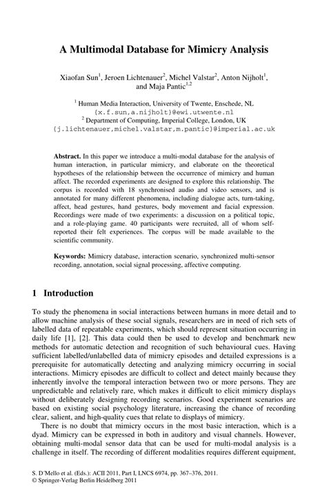 Pdf A Multimodal Database For Mimicry Analysis