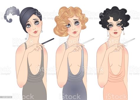 플래퍼 소녀의 아르 데코 빈티지 일러스트 1920 년대 스타일의 복고풍 파티 캐릭터 매력적인 이벤트 또는 재즈 파티를위한 벡터 디자인 아르데코에 대한 스톡 벡터 아트 및