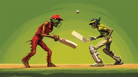 Graphic Novel Inspired Illustrations Of Cricket Players In Green Suits Stock Illustration