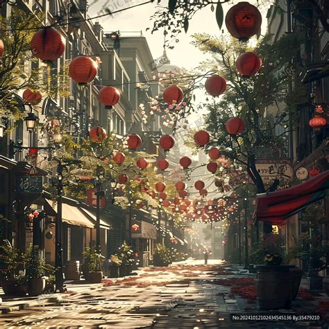 Ai创作图红灯笼街景 商业街区场景设计 梦幻创意步行街 现代唐人街 古代繁华街道 古代集市街道 古代街景街市 喜庆的街道 古代街道街景 特色街道街景 创意商业街 红灯笼巷道 中国特色商业街