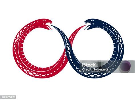 무한의 상징 삶과 죽음의 끝없는 주기 고대 우로 보로스 기호 벡터 일러스트 뱀은 자신의 이야기 로고 엠블럼 또는 문신을 먹는 무한의 상징의 모양으로 개념에 대한 스톡 벡터