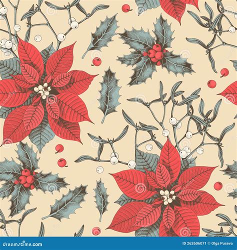 Vector Seamless Pattern With Hand Drawn Poinsettia Stock Vector