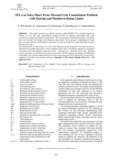 Pdf Sfla To Solve Short Term Thermal Unit Commitment Problem With Startup And Shutdown Ramp Limits