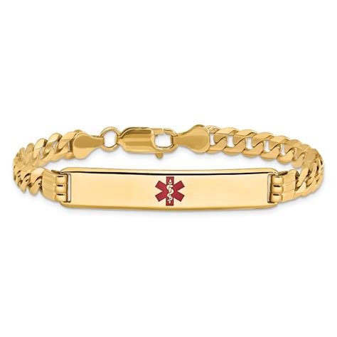 14k Yellow Gold Medical Red Enamel Curb Link Id Bracelet 14jm9a
