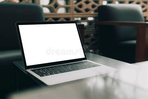 Blank Screen Laptop Computer And Working With Mobile Device Screen Template Stock Photo Image