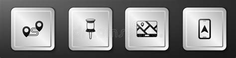 Set Route Location Push Pin City Map Navigation And Icon Silver Square Button Stock Vector