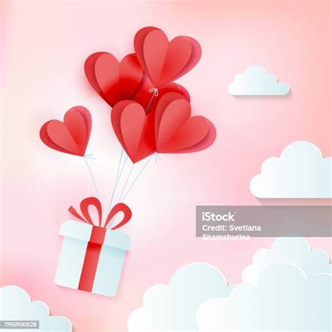 구름에 선물과 심장 Baloons의 무리와 사랑과 발렌타인 데이의 인사말 카드 종이 컷 스타일입니다 벡터 아늑한 핑크 일러스트 선물에 대한 스톡 벡터 아트 및 기타 이미지