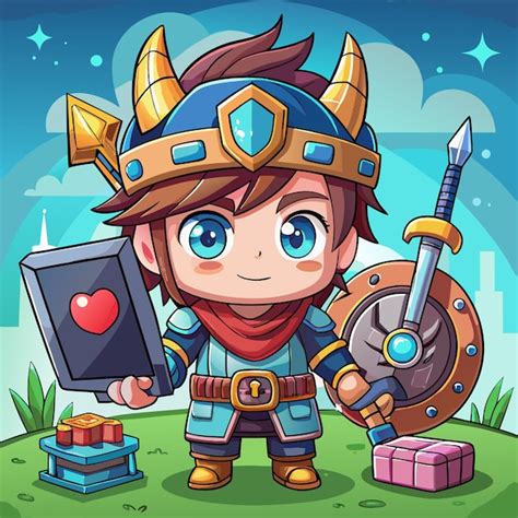 Cute Cartoon Character With Sword And Shield Premium Ai Generated Vector