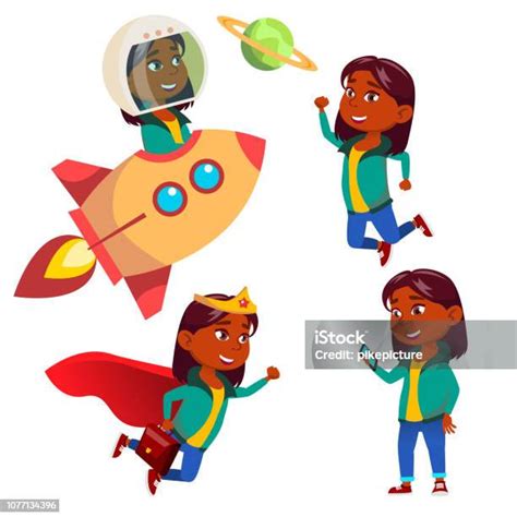 여자 아이 설정된 벡터 포즈 인도 힌두교 아시아 아이디어 시동 솔루션입니다 미래입니다 어린 소녀 얼굴입니다 엽서 커버 현수막 디자인에 대 한 격리 된 만화 일러스트 레이 션