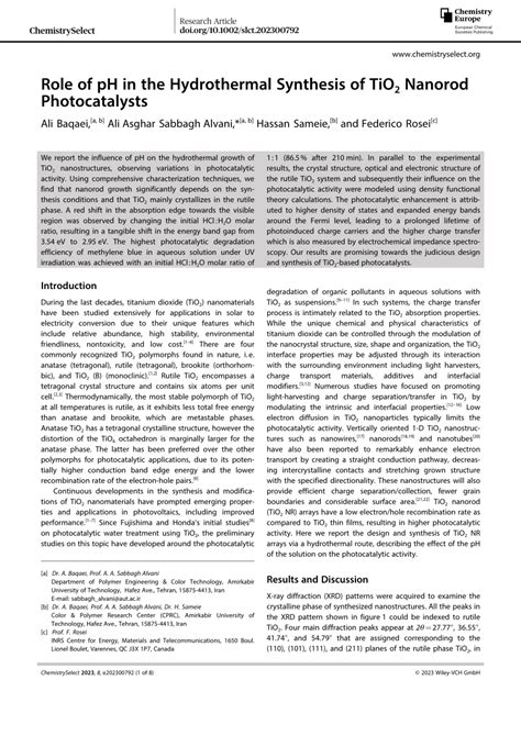 Role Of Ph In The Hydrothermal Synthesis Of Tio2 Nanorod Photocatalysts Request Pdf