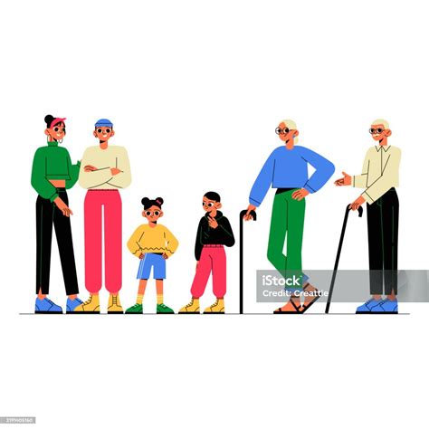 가족 단결 다양성 및 연결을 상징하는 평면 벡터 일러스트 레이 션에서 여러 세대와 다양한 가족 모임 흰색 배경에 고립 가족에