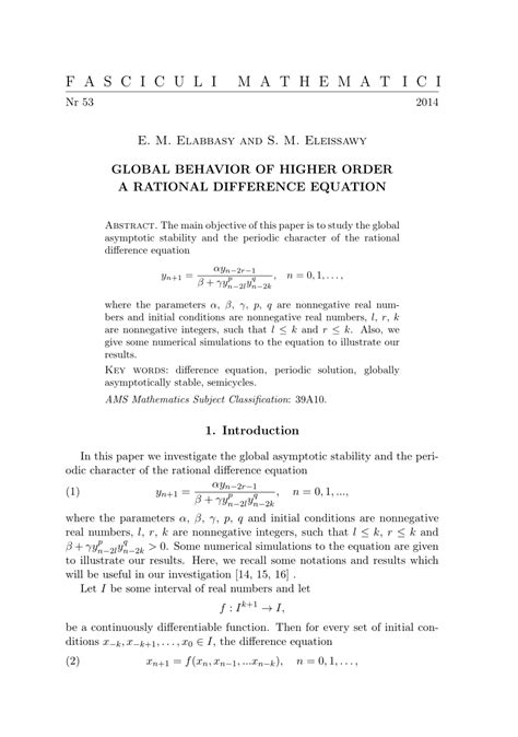 Pdf Global Behavior Of Higher Order A Rational Difference Equation