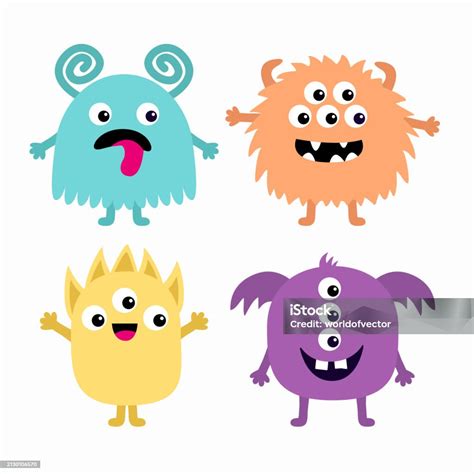 몬스터 세트 즐거운 할로윈 보내세요 다양한 감정을 가진 다채로운 몬스터 웃는 얼굴 머리 만화 Kawaii Boo 아기 캐릭터 유치한 컬렉션 흰색 배경입니다 플랫 디자인 개체