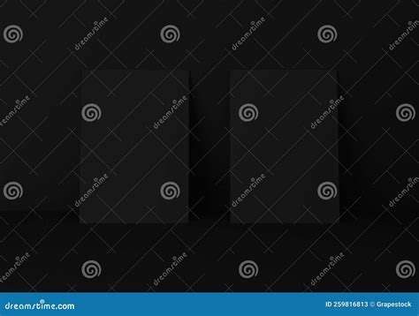 Empty 2 Black Vertical Rectangle A4 Paper Sheet Mockup 3d Rendering Stock Illustration