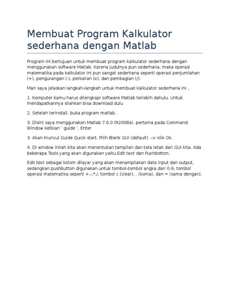 Membuat Program Kalkulator Sederhana Dengan Matlab Pdf
