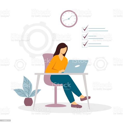 시간 관리 벡터 일러스트 레이 션입니다 테이블에있는 소녀는 랩톱에서 작업하고 작업 시간과 작업 시간을 제어합니다 멀티 태스킹에 대한 스톡 벡터 아트 및 기타 이미지 Istock