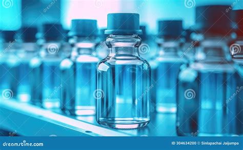 Bottles Of Blue Liquid Test Tubes With Chemicals And A Container Of