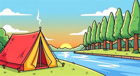 Camping Tent By River Cartoon Outdoor Adventure Illustration Stock