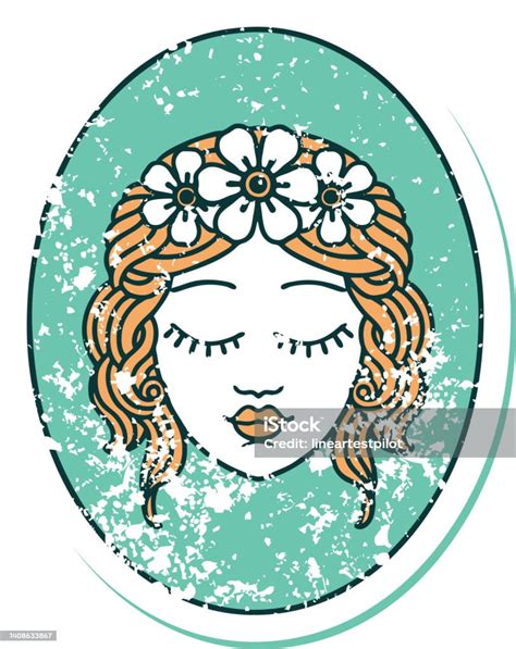 눈을 감고 처녀의 고민 스티커 문신 스타일 아이콘 꽃무늬에 대한 스톡 벡터 아트 및 기타 이미지 꽃무늬 눈 신체 부분 닫은 Istock