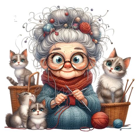 Grandma Knitting Crochet With Cats Funny Senior Lady Clipart 12 Png