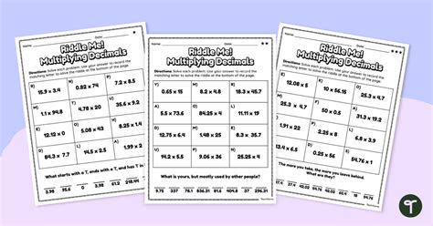 Multiplying Decimals Riddle Worksheets Teach Starter