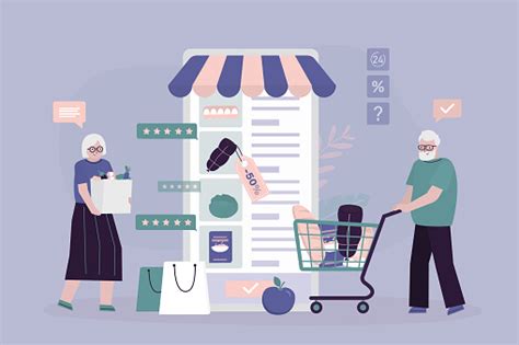 휴대 전화로 온라인 식품 쇼핑 휴대폰 앱에서 음식과 식료품을 주문하는 조부모 노인 온라인 슈퍼마켓에서 인터넷 쇼핑 Brand