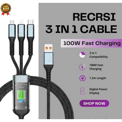 Recrsi Usb Cable 3 In 1 With Display 100watts Fast