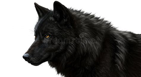 a black wolf with striking yellow eyes stands out against a white