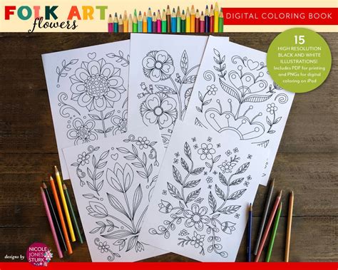 Folk Art Flowers Digital Coloring Book Adult Coloring Printable