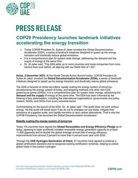 Cop28 President Launches Global Decarbonization Accelerator Pdf Power And Energy Industry