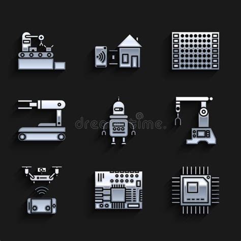 Set Robot Printed Circuit Board Pcb Processor With Microcircuits Cpu Assembly Line Remote