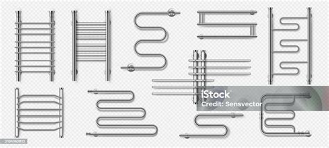 은색 광택 파이프가 있는 욕실 수건 건조기 벡터는 집의 내부를 위한 사실적인 요소를 분리했습니다 코일 가열 및 건조 직물 세탁