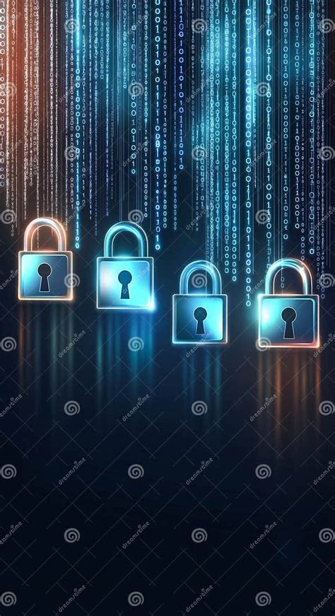 Glowing Blue Padlocks With Digital Binary Code Background Symbolizing