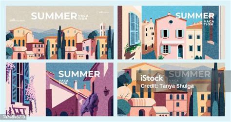 여름 자연 풍경 가로 포스터 표지 여름 마을 거리 집 산 및 타이포그래피 디자인이 있는 카드 세트 여름 휴가 유럽 휴가 여행