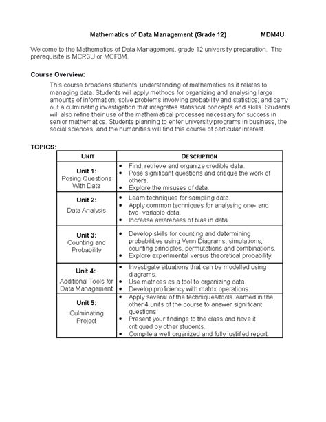 Mdm4u Outline Mathematics Of Data Management Grade 12 Mdm4u Welcome