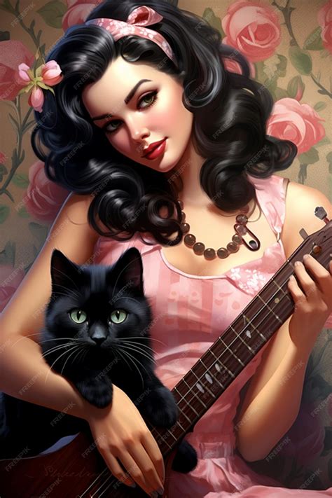 Premium Ai Image Rockabilly Girl With A Black Kitty