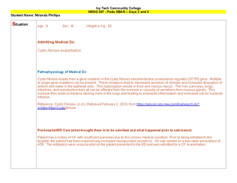 Peds Sbarr 1 Peds Clinical Sbar Care Plan Assignment Ivy Tech