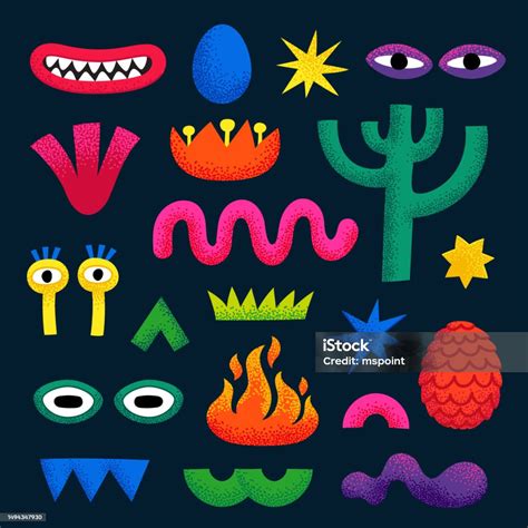 판타지 세계 괴물이나 Ufo에 대한 귀여운 만화 추상 아이콘 점묘 질감이 있는 다양한 그래픽 요소 집합입니다 대담한 현대 벡터 스타일로 손으로 그린 그림 0명에 대한 스톡