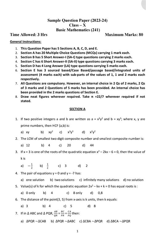 Sample Question Paper 2023 24 Class X Basic Mathematics 241 Time Al
