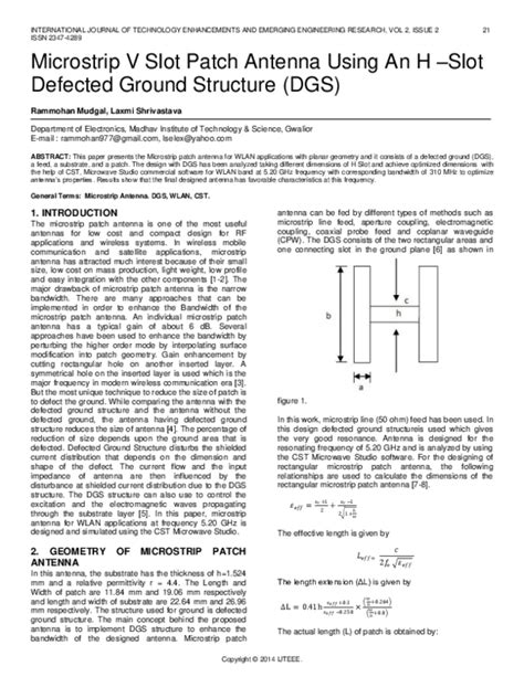 Pdf Microstrip V Slot Patch Antenna Using An H Slot Defected Ground Structure Dgs