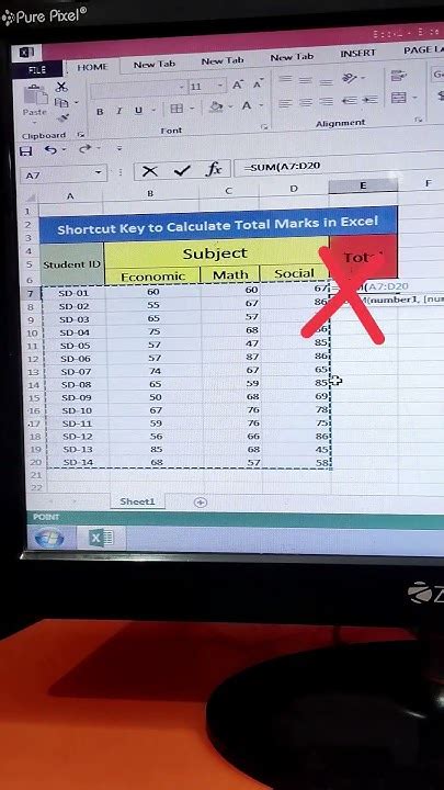 Use Shortcut Key Of Sum Function To Calculate Total Marks In Excel Shortvideo Excel Youtube