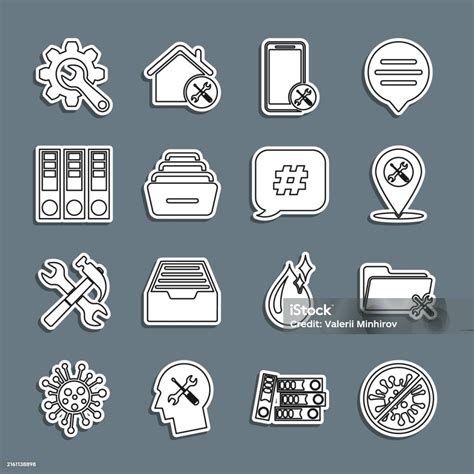 바이러스 차단 박테리아 폴더 서비스 위치 모바일 문서가 있는 서랍 Office 폴더 렌치 및 기어 해시태그 말풍선 아이콘을 설정합니다 벡터 기포에 대한 스톡 벡터 아트 및