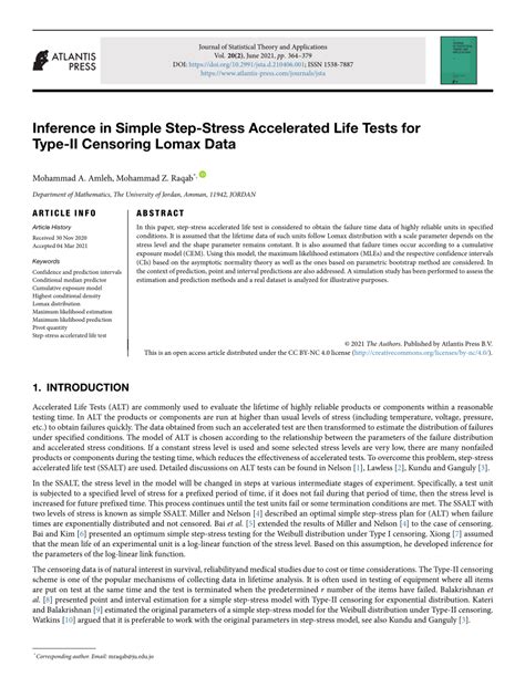 Pdf Inference In Simple Step Stress Accelerated Life Tests For Type Ii Censoring Lomax Data