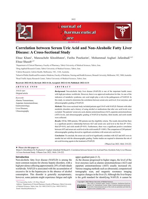Pdf Correlation Between Serum Uric Acid And Non Alcoholic Fatty Liver Disease A Cross