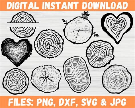 Tree Rings SVG Bundle Tree Trunk Slice Clipart Tree Rings Heart Shaped Monogram Wood Cut