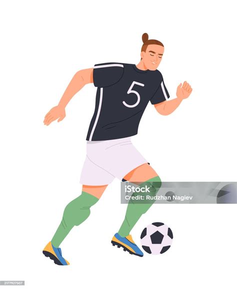축구 선수 빠른 남성 포워드는 달리고 공을 차고 골을 넣는다 남자 선수는 유럽 축구 리그에서 뛰고 있습니다 스포츠 및 활동 평면 벡터 일러스트 레이 션