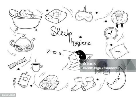 수면 위생 세트 알람 시계 수면 마스크 허브 차 편안한 베개 벡터 낙서 손으로 그린 스케치 일러스트 레이 션 벡터에 대한 스톡 벡터 아트 및 기타 이미지 Istock