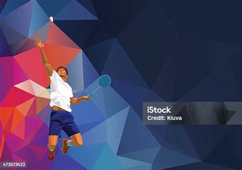 다각형 전문적이다 배드민턴 선수 On 색상화 저해상 폴리 배경 스매쉬 배드민턴에 대한 스톡 벡터 아트 및 기타 이미지 배드민턴 벡터 스포츠 Istock